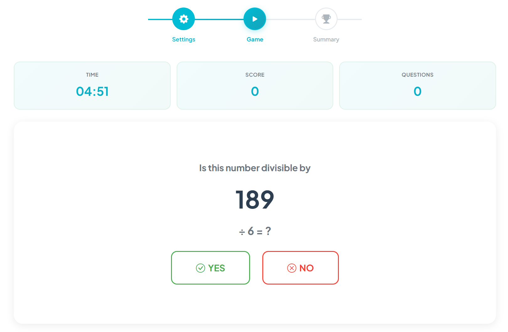 Divisibility Rules game showing Yes/No division tests