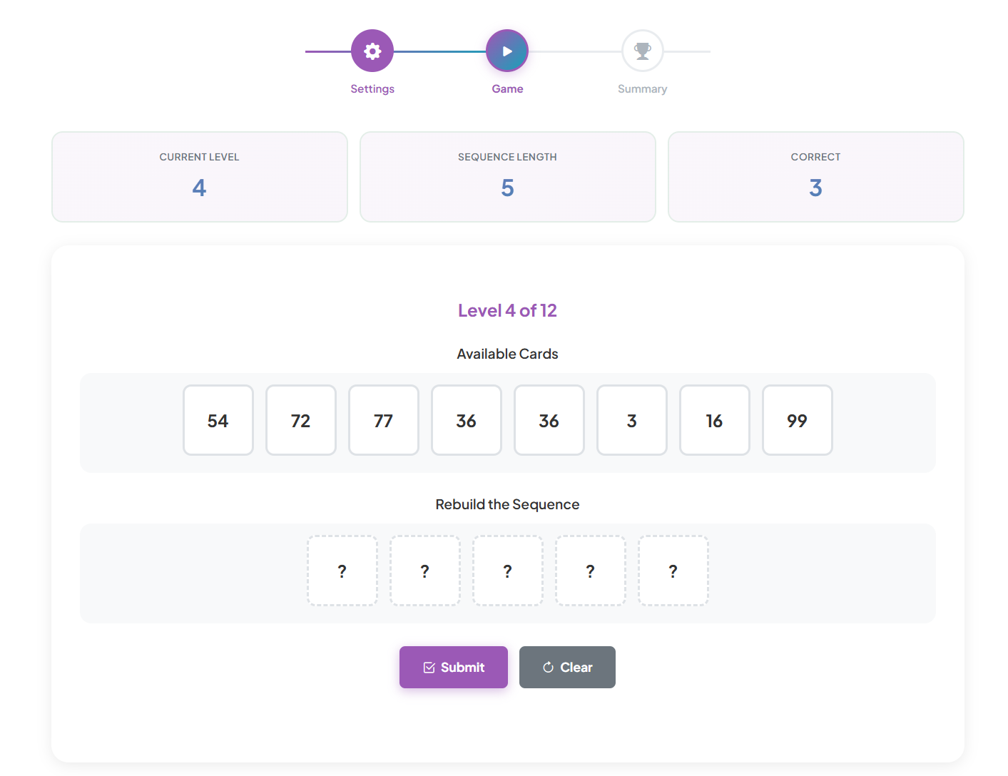 Memory Sequences game showing sequence memorization challenges