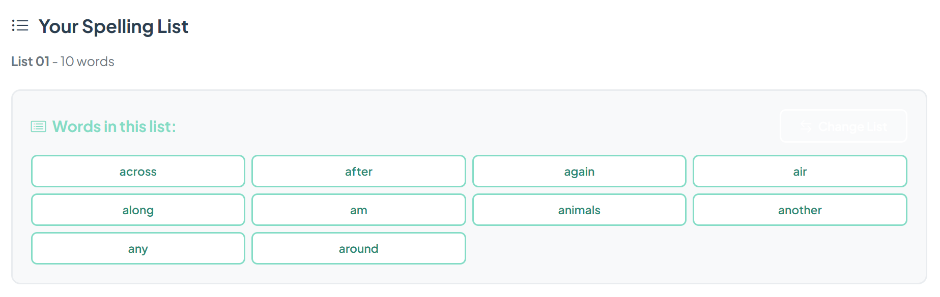 Confirm spelling list screen