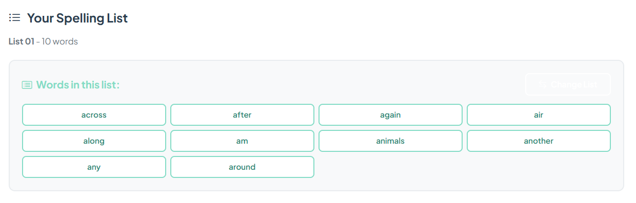 Select spelling list screen