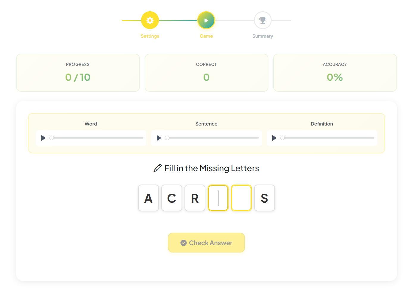 Missing Letters game interface showing pattern recognition spelling ...